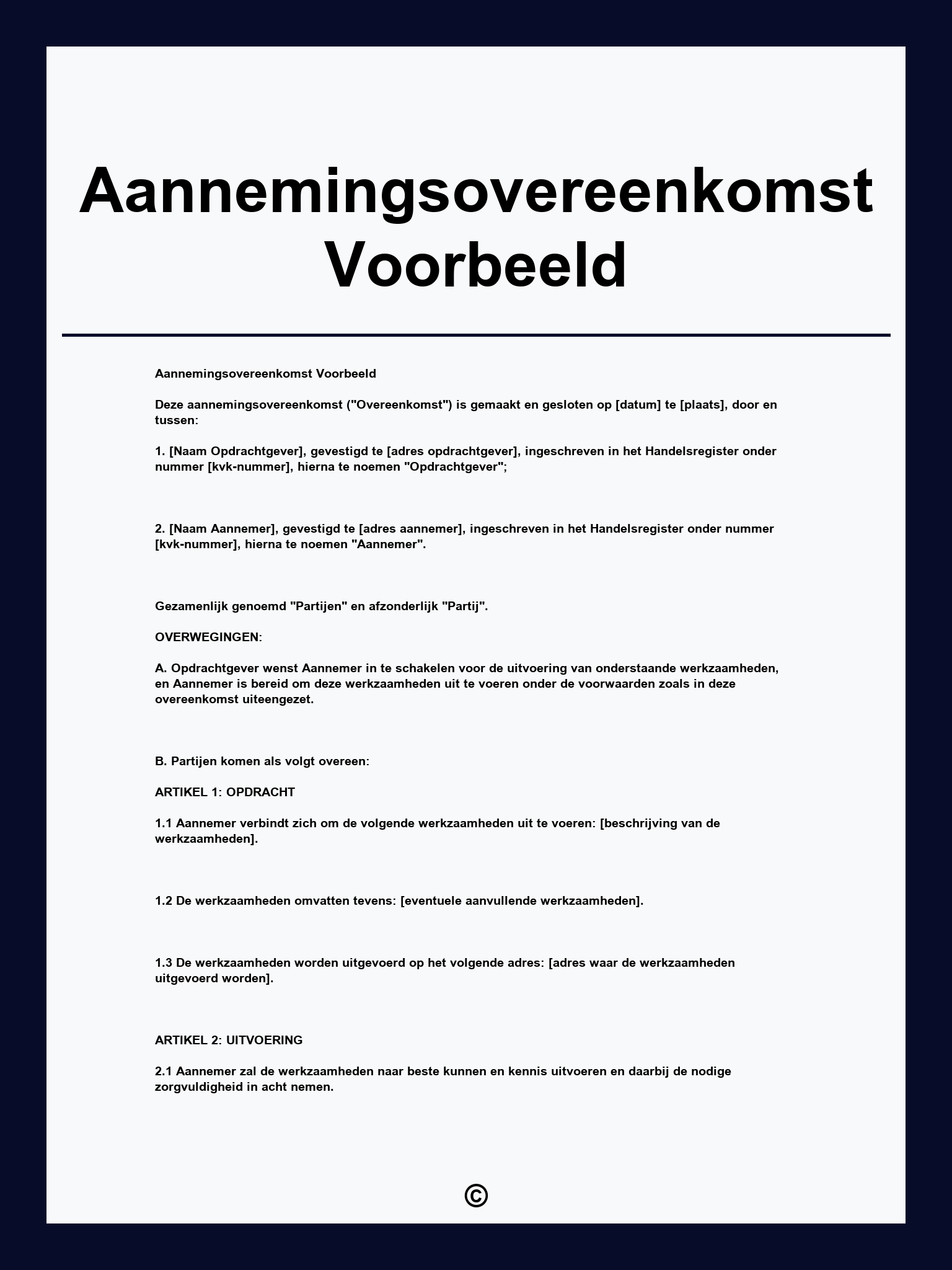 Aannemingsovereenkomst Voorbeeld
