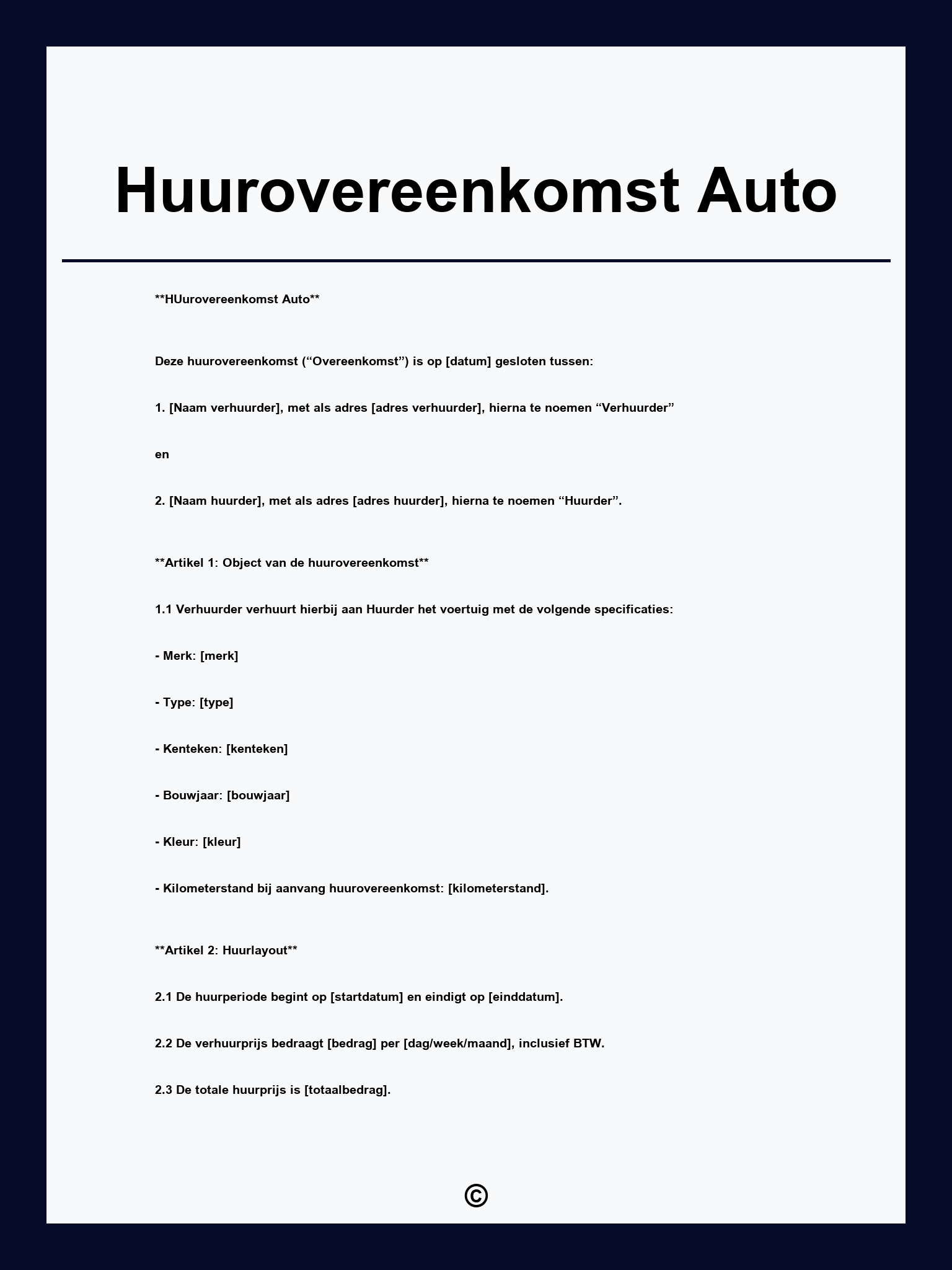 Huurovereenkomst Auto - Voorbeeld